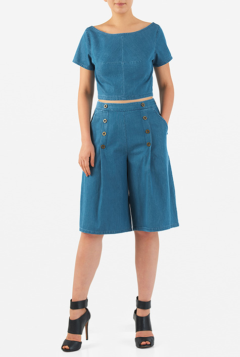 Shop Chambray denim tank top and button pleat shorts | eShakti