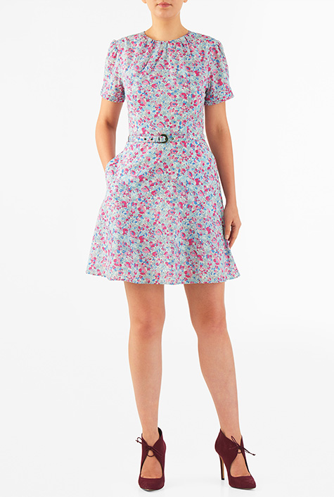 Shop Ditsy floral print cambric belted dress | eShakti