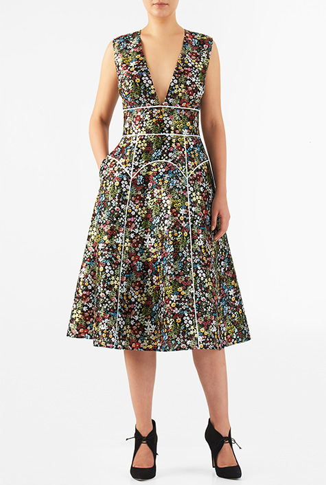Shop Ditsy floral print piped trim dupioni dress | eShakti