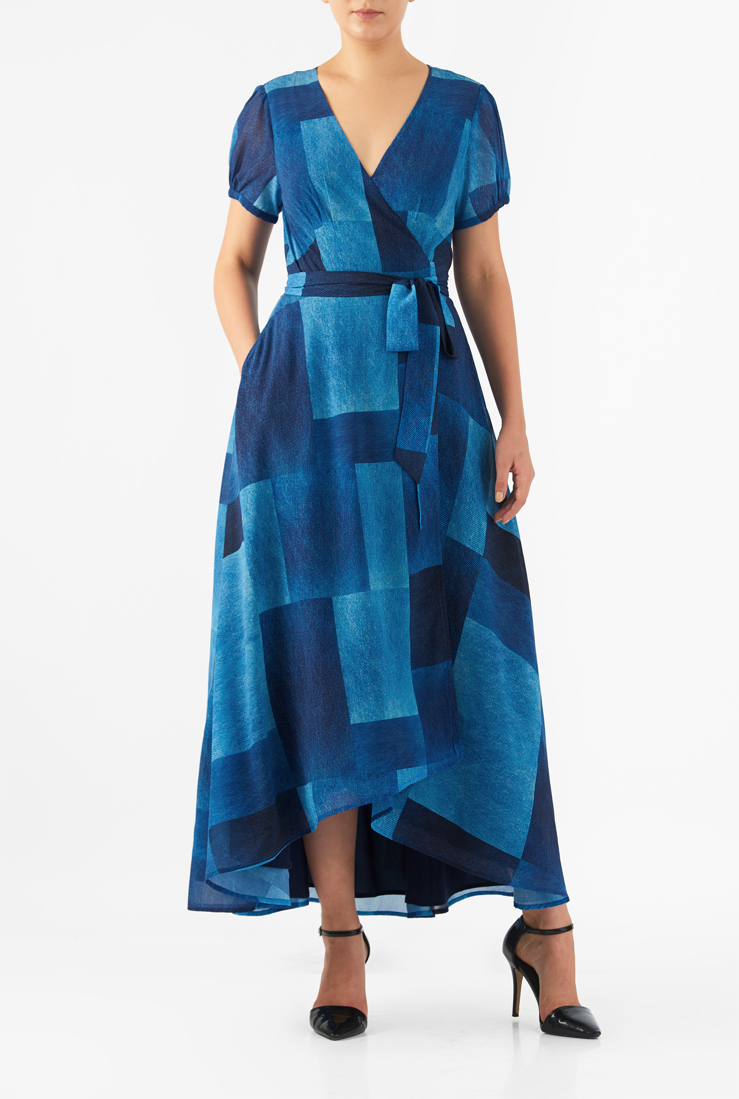 Shop Indigo patch print georgette wrap dress | eShakti