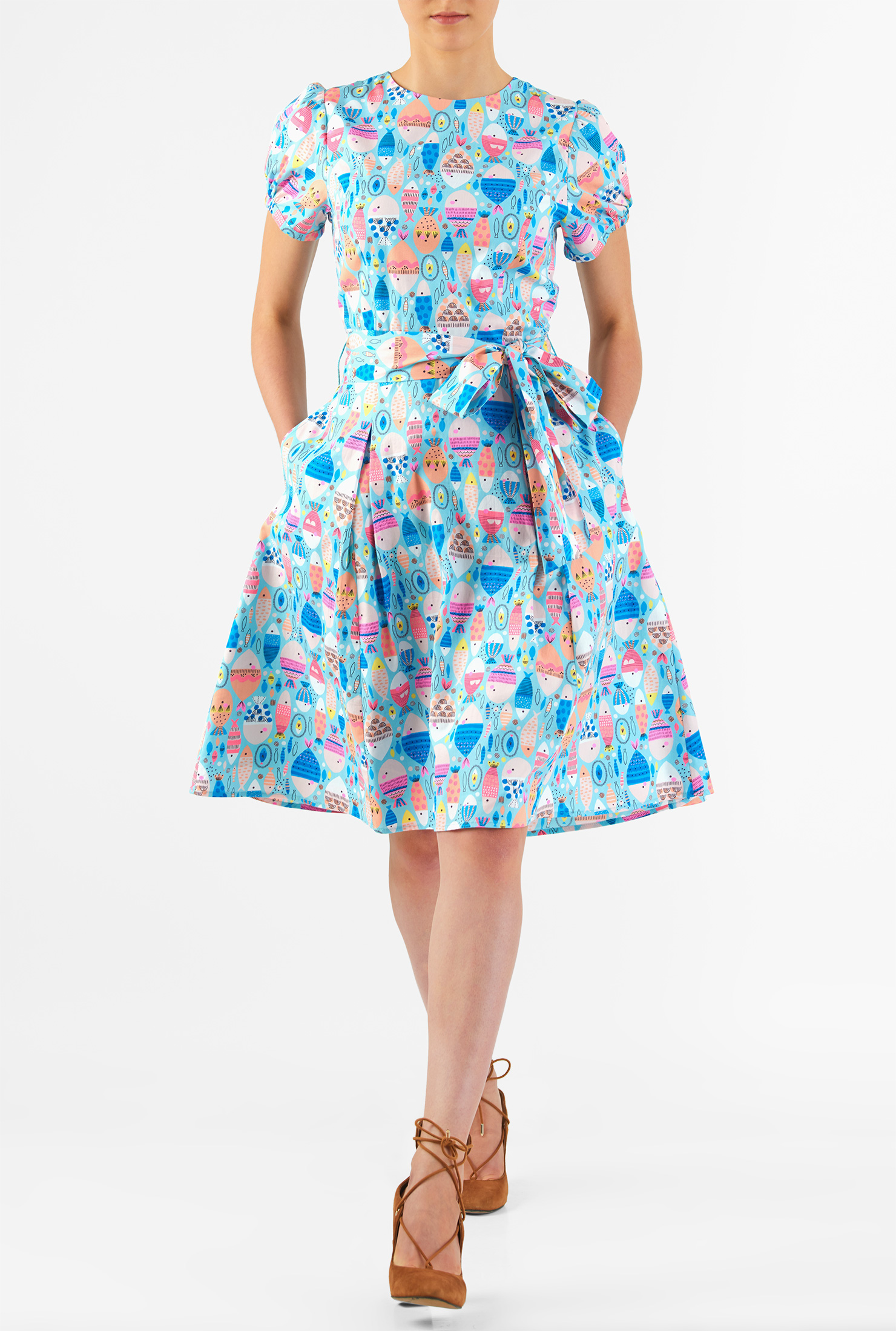 Shop Fish print cotton puff sleeve dress | eShakti