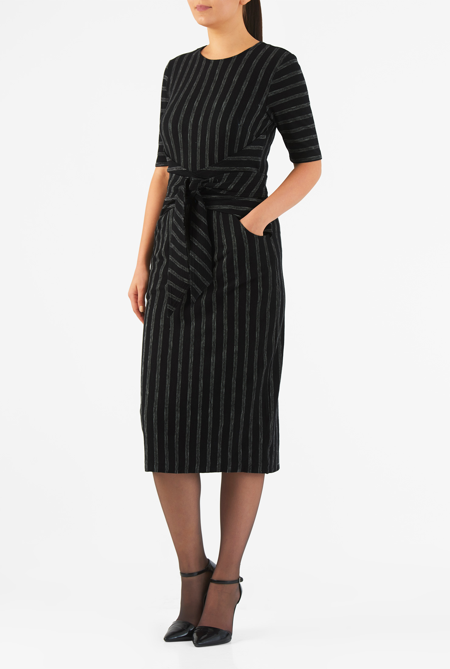 Shop Obi belt stripe cotton knit sheath dress | eShakti