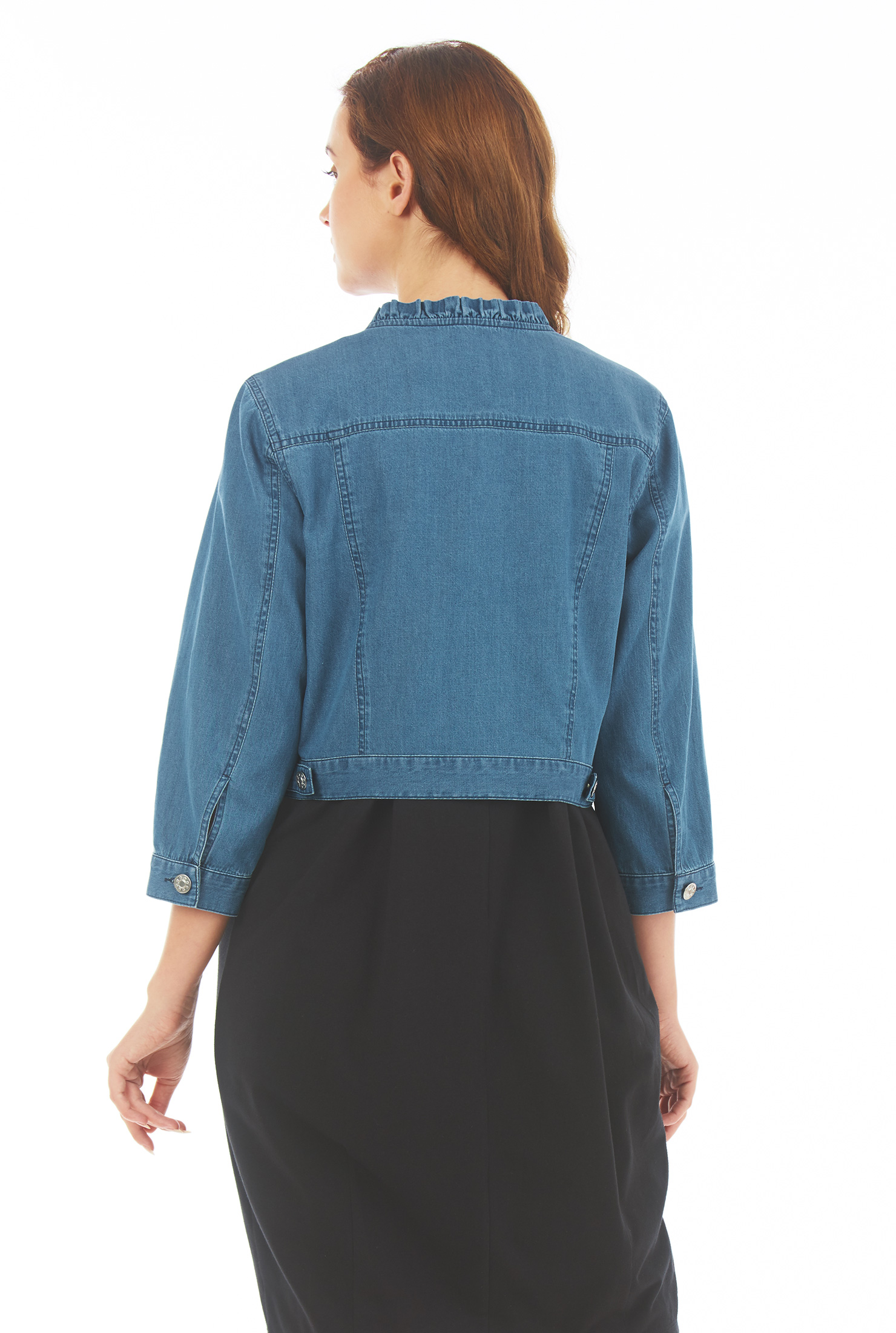 Shop Medium blue cotton denim ruffle jacket | eShakti