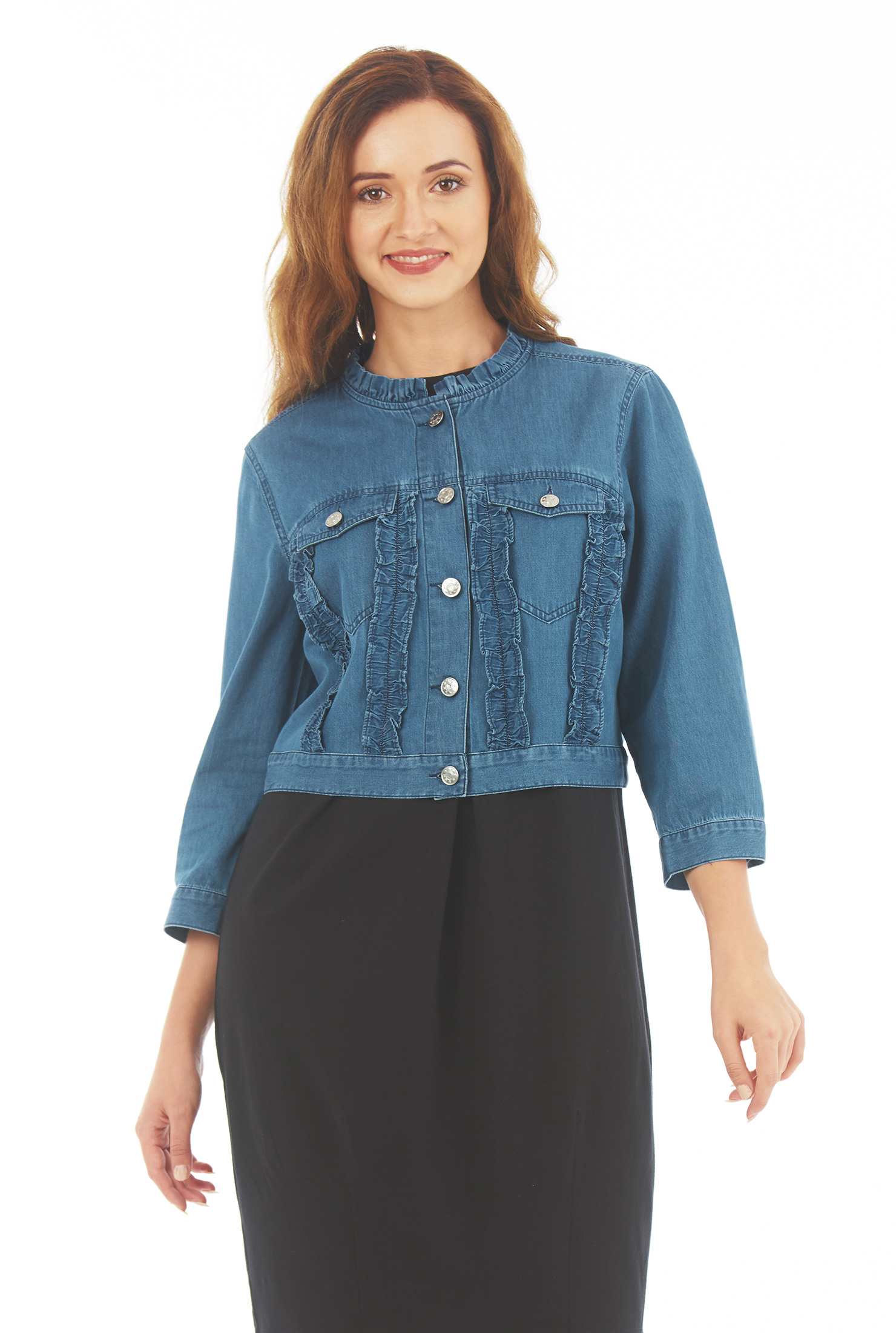 Shop Medium blue cotton denim ruffle jacket | eShakti