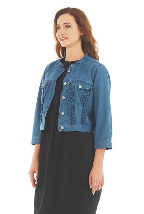 Shop Medium blue cotton denim ruffle jacket | eShakti