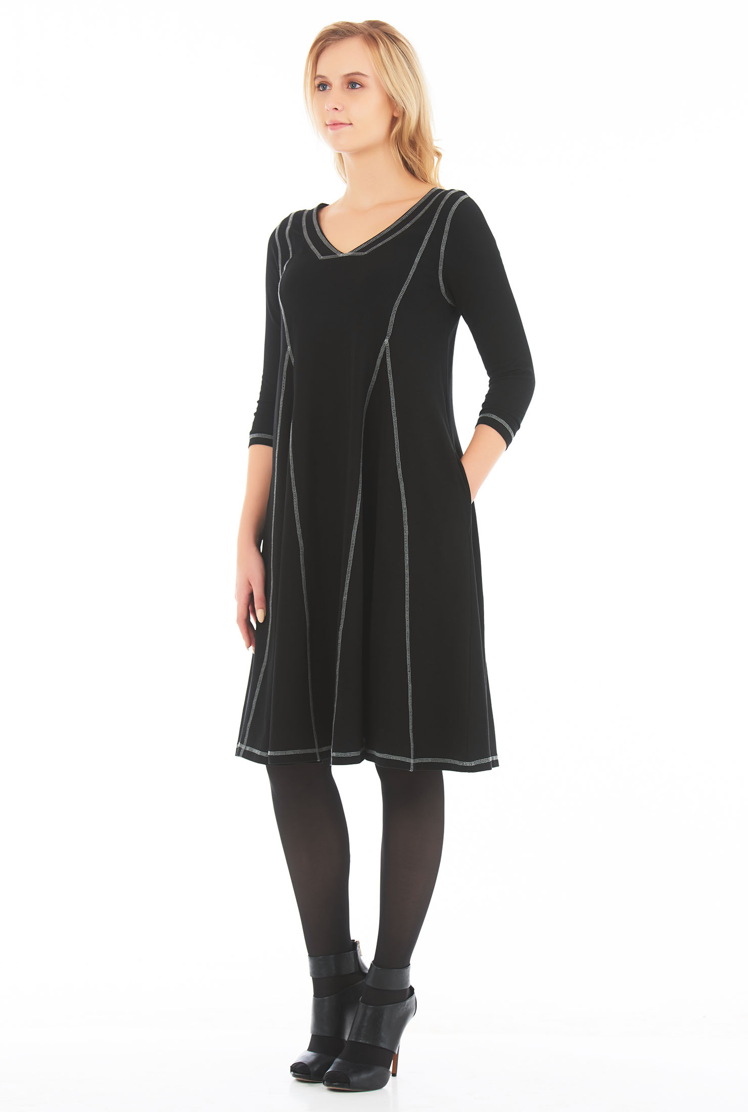 Shop Picot trim cotton knit trapeze dress | eShakti
