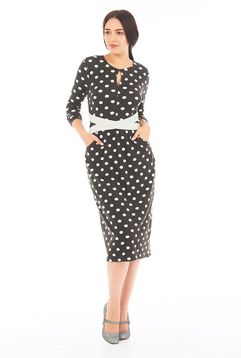 Shop Faux Leather Cross Waist Polka Dot Knit Sheath Dress Eshakti