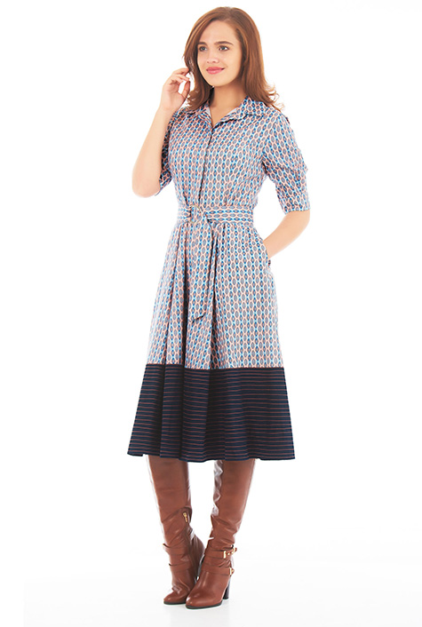 Shop Trapunto hem graphic print cotton belted shirtdress | eShakti