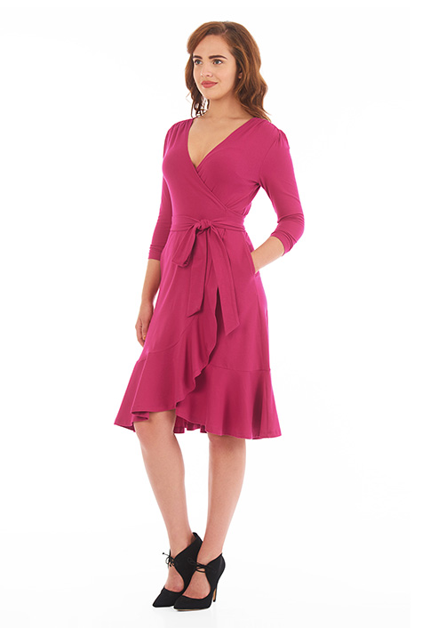 Shop Ruffle flounce cotton knit wrap dress | eShakti