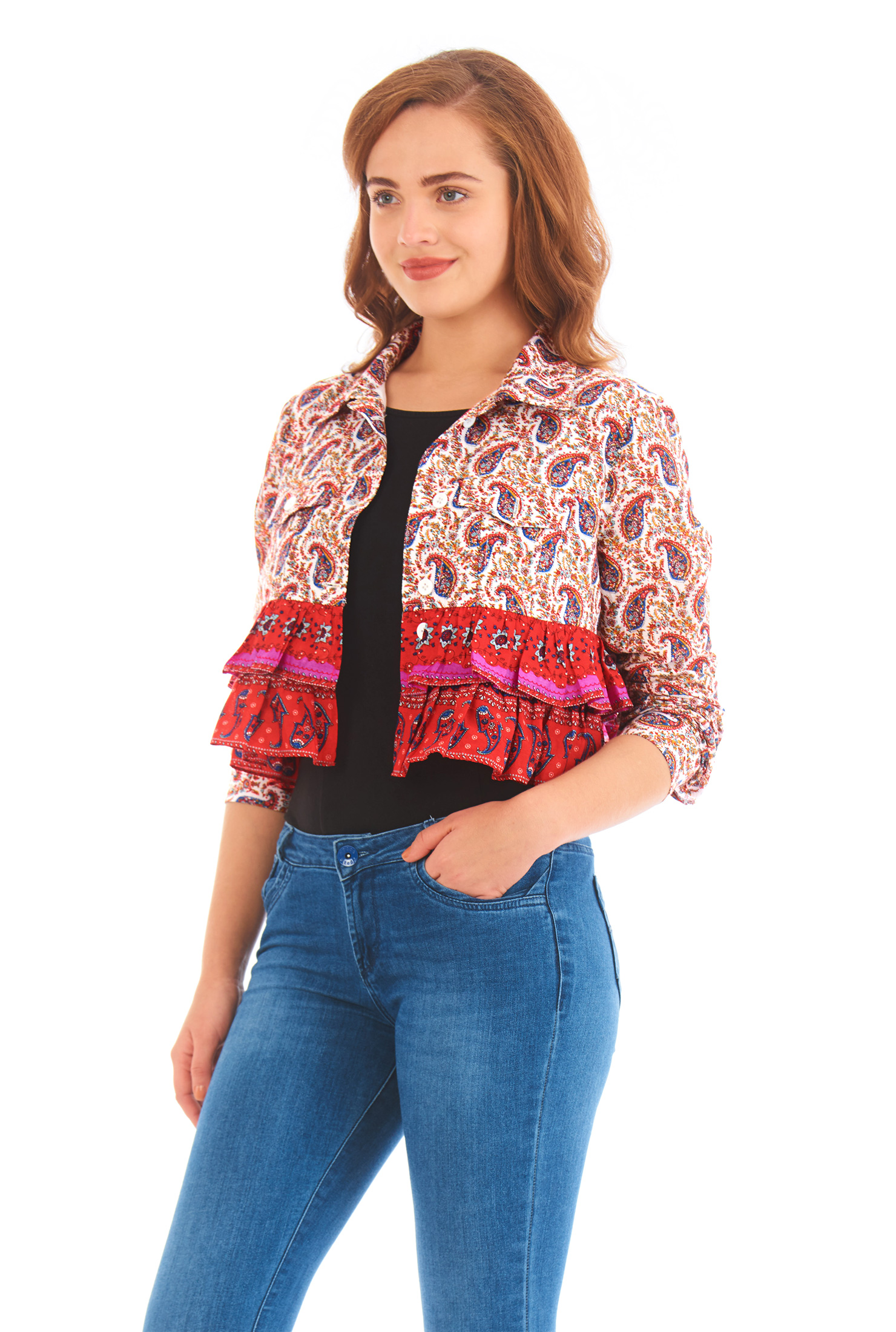 Shop Contrast ruffle paisley print cotton jacket | eShakti