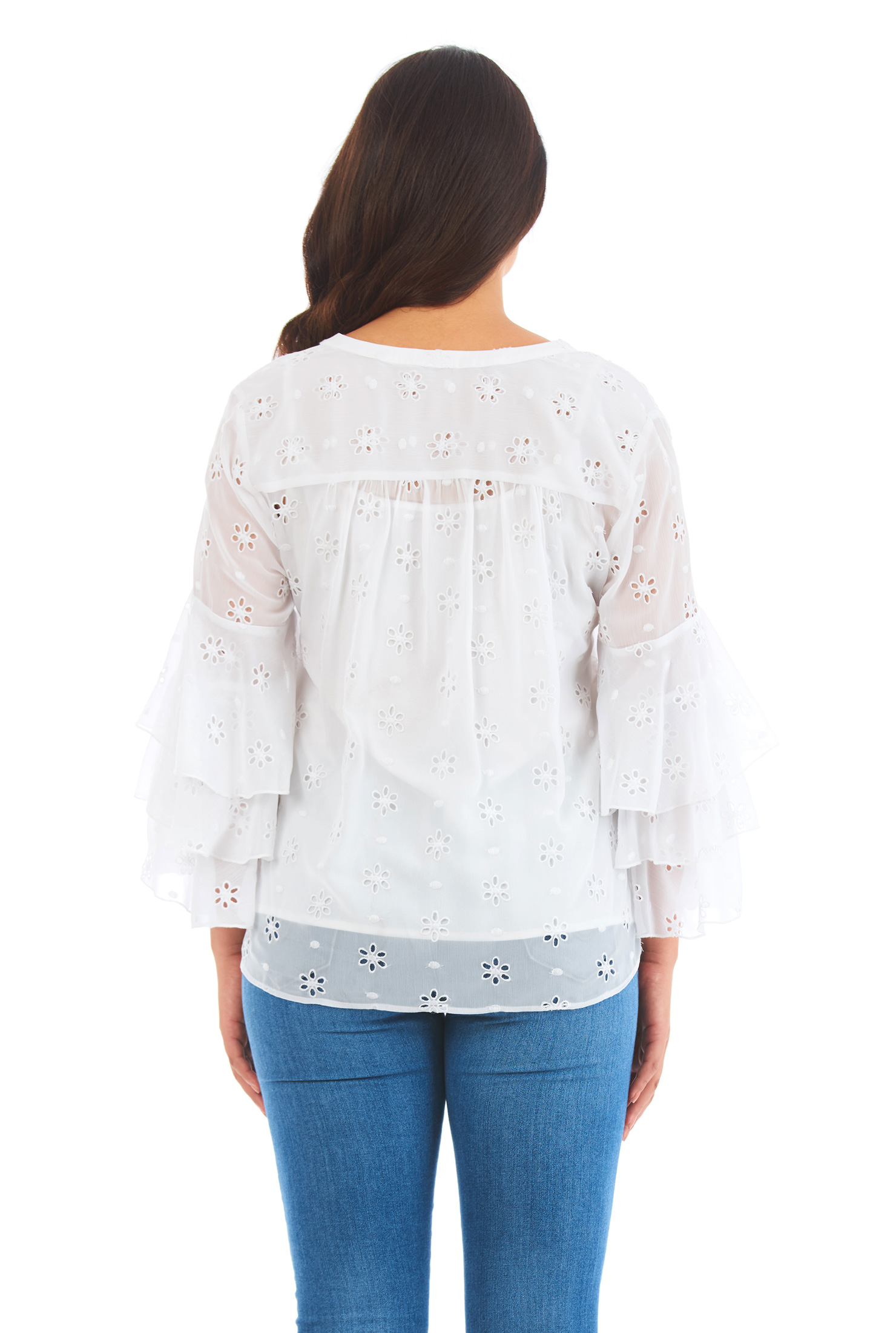 Shop Ruffle sleeve floral eyelet chiffon top | eShakti