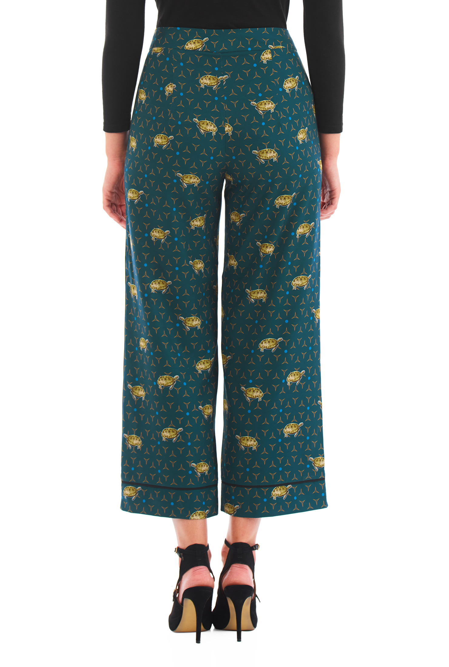 Shop Turtle print crepe contrast trim crop pants | eShakti