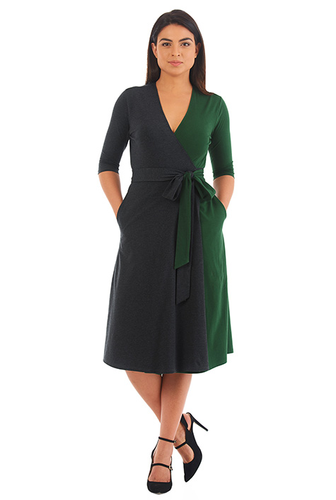 Shop Colorblock cotton knit wrap dress | eShakti
