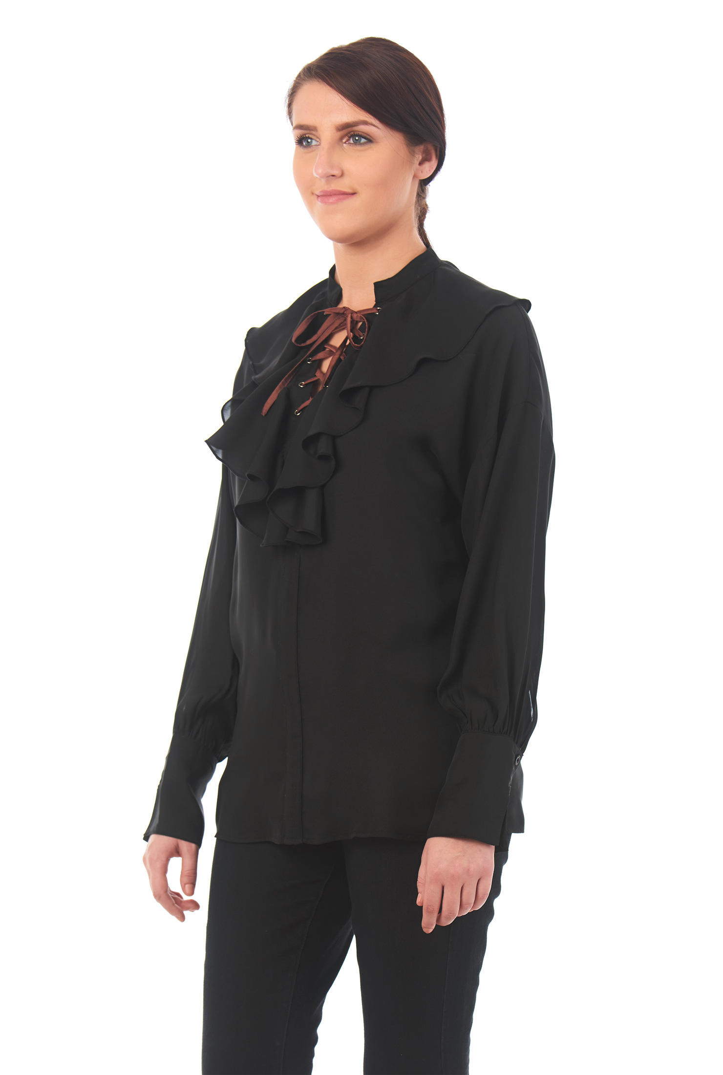 Shop Lace-up ruffle crepe satin shirt | eShakti