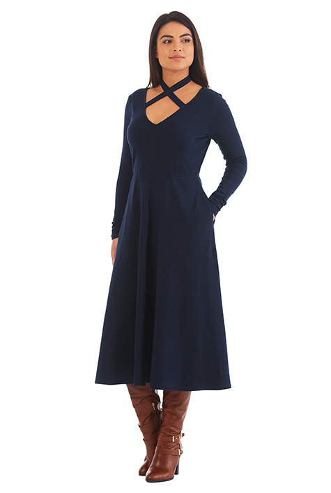 Shop Cross tie neck cotton knit dress | eShakti