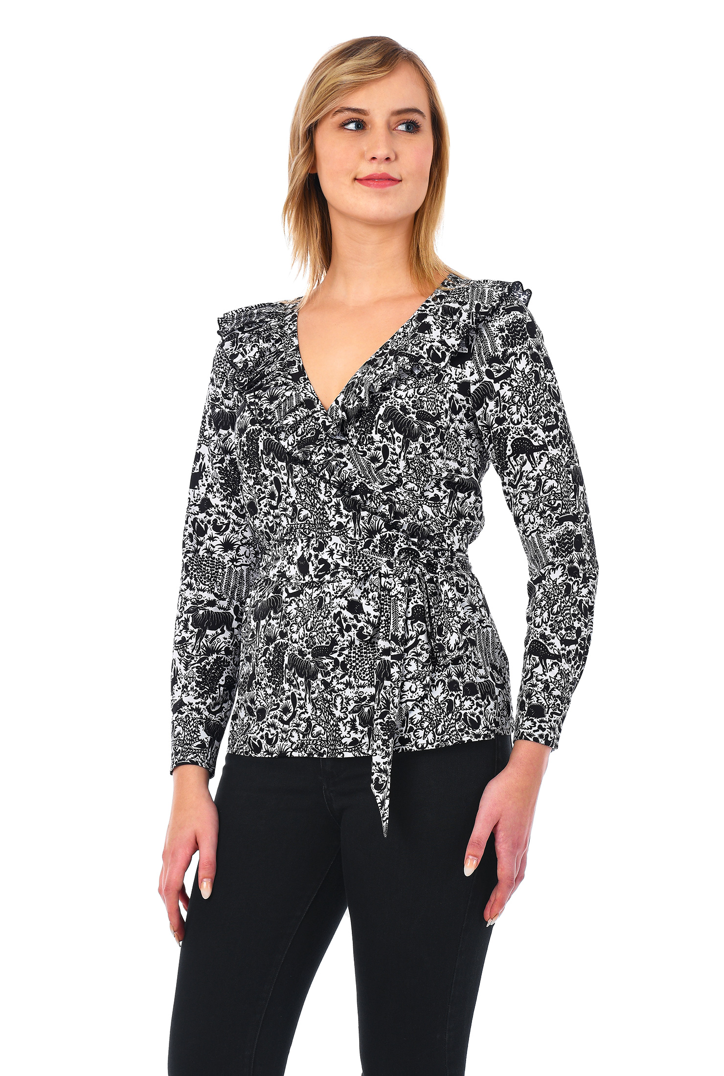 Shop Forest print crepe ruffle wrap top | eShakti