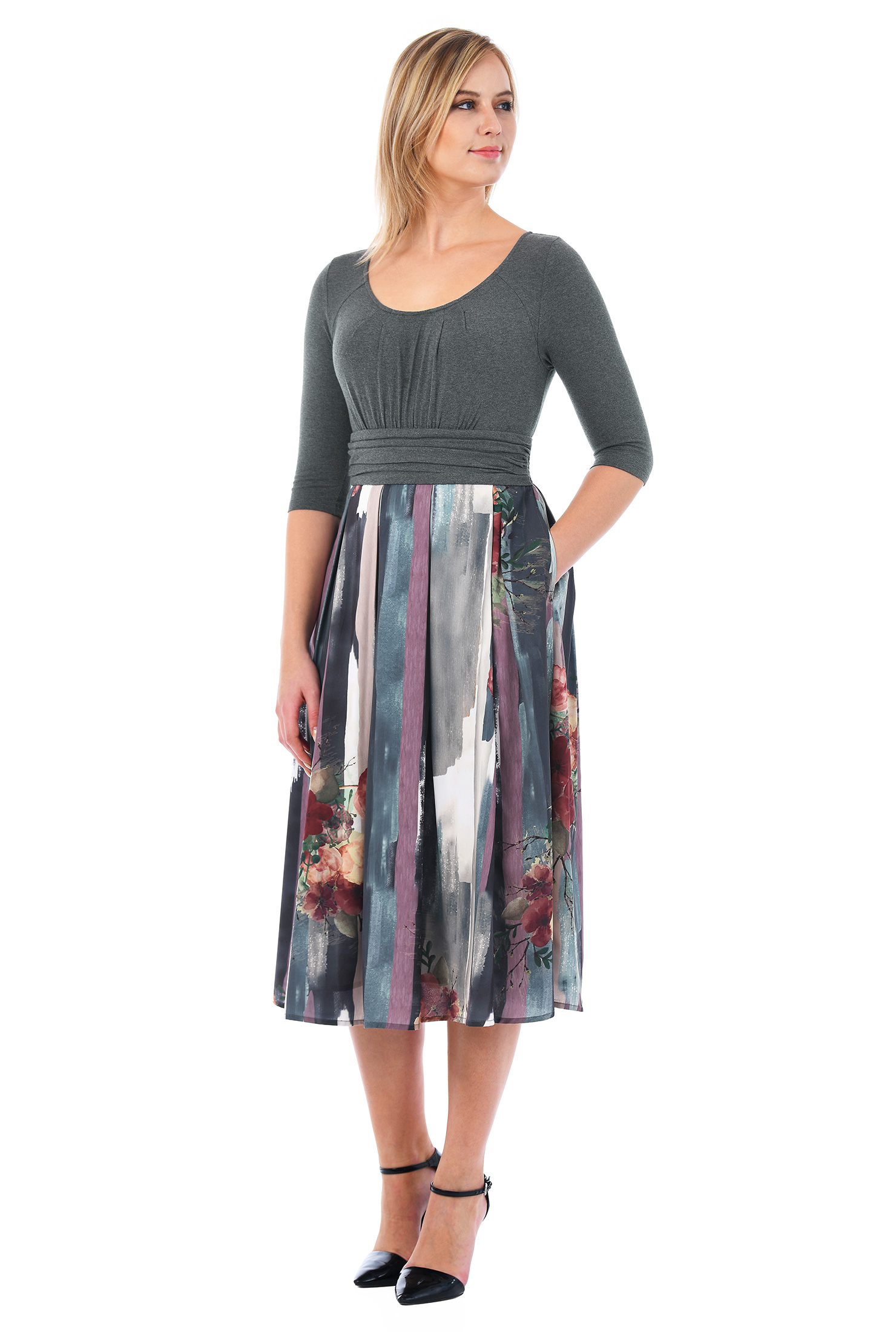 Shop Floral splash print mixed media dress | eShakti