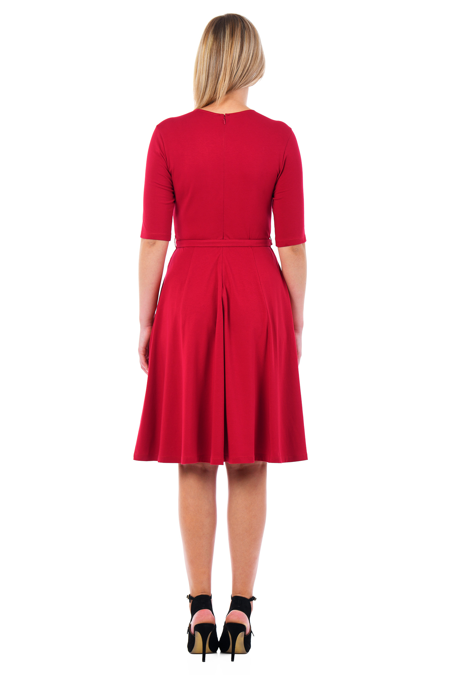 Shop Cotton knit belted fit-and-flare dress | eShakti