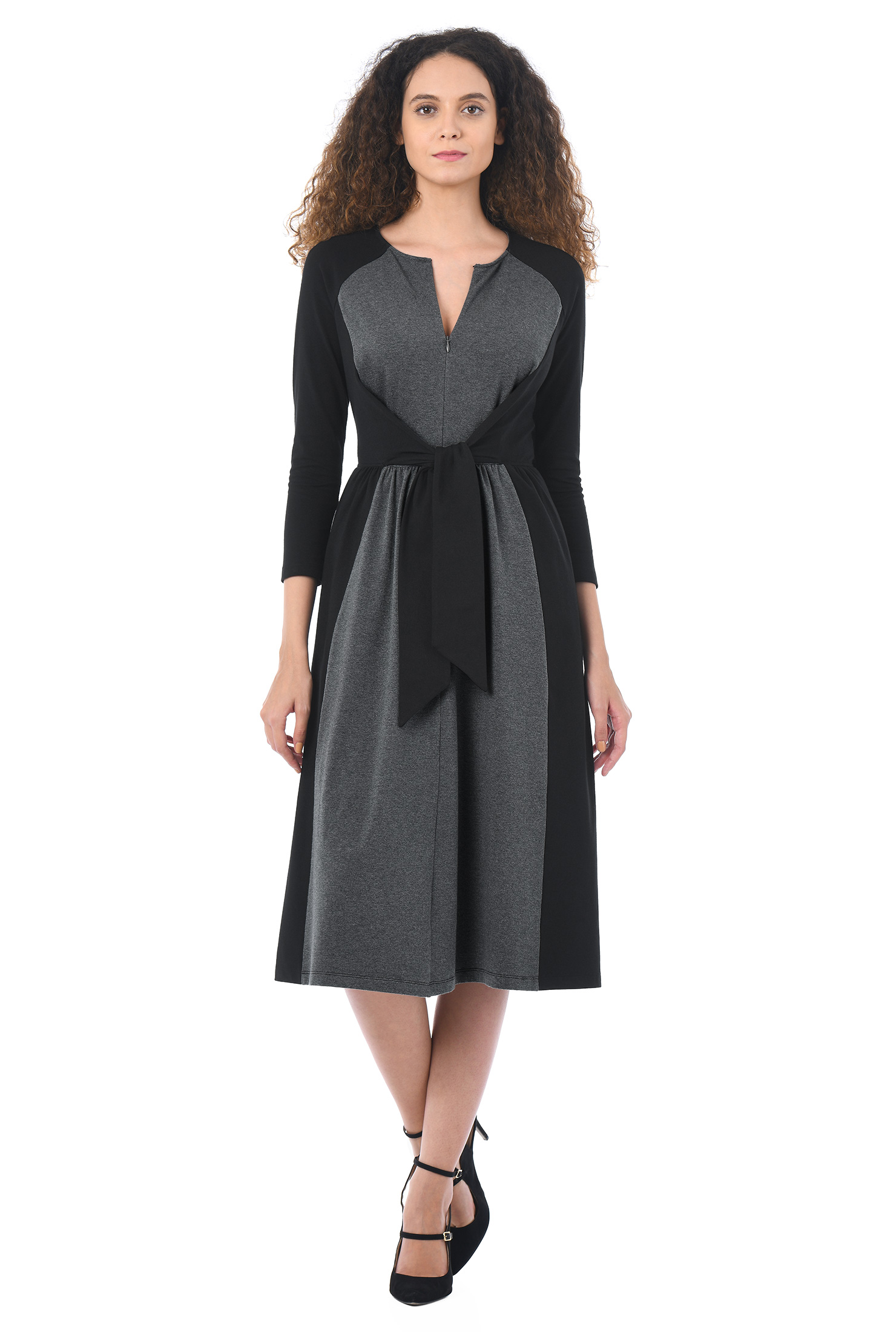 Shop Tie front colorblock cotton knit dress | eShakti