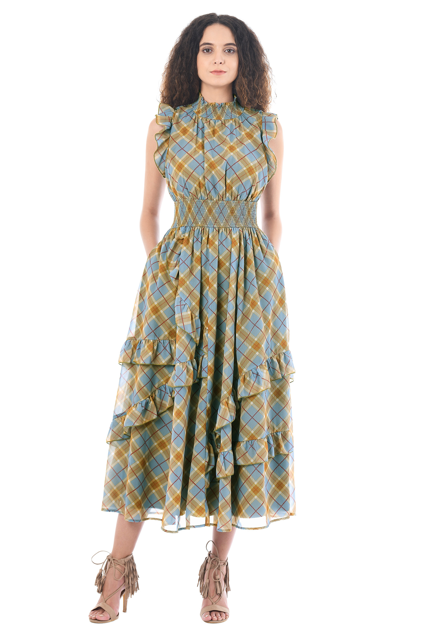 Shop Ruffle plaid print georgette smocked dress | eShakti