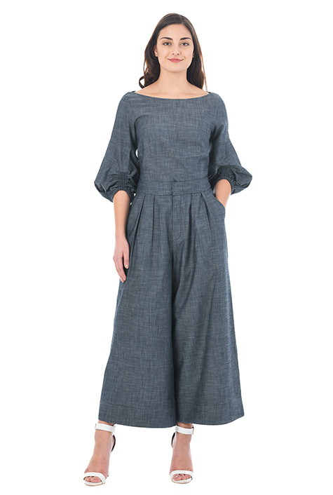 Shop Ruched cuff bell sleeve cotton chambray top | eShakti