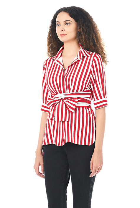 Shop Sash waist stripe print crepe shirt | eShakti