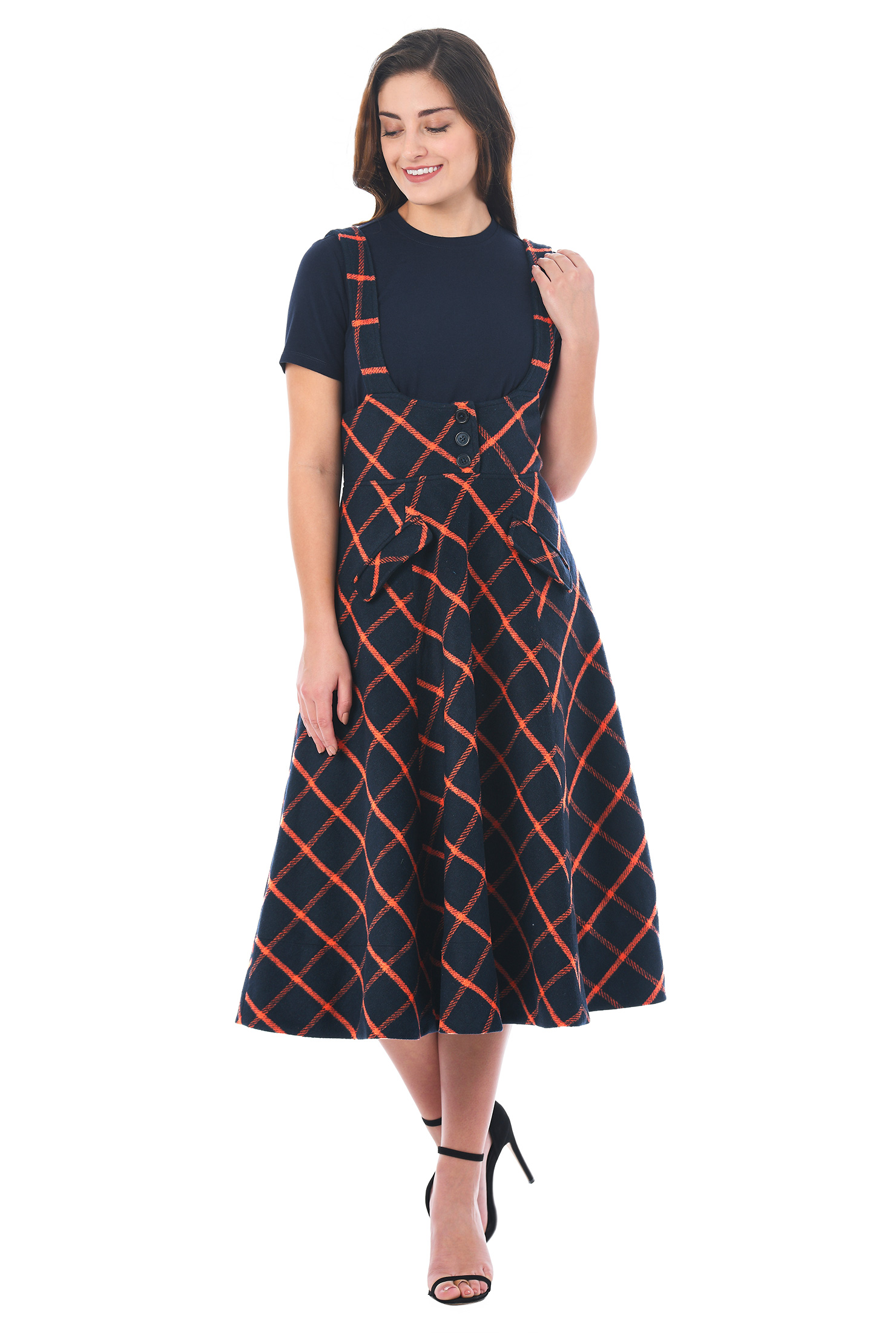 Shop Windowpane flannel check button jumper dress | eShakti