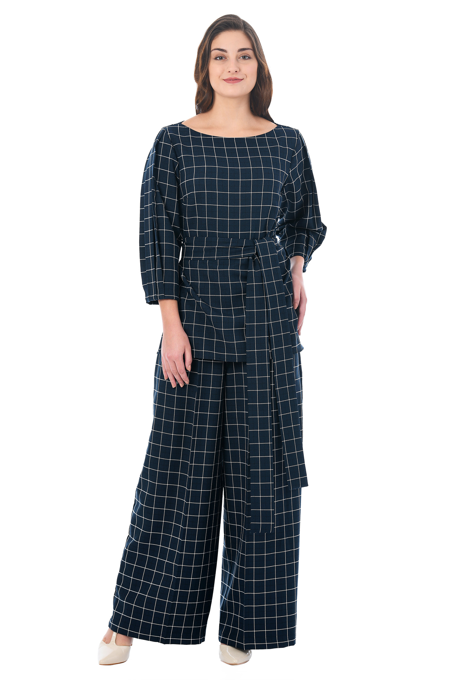 Shop Windowpane twill check top and wide-leg pants | eShakti