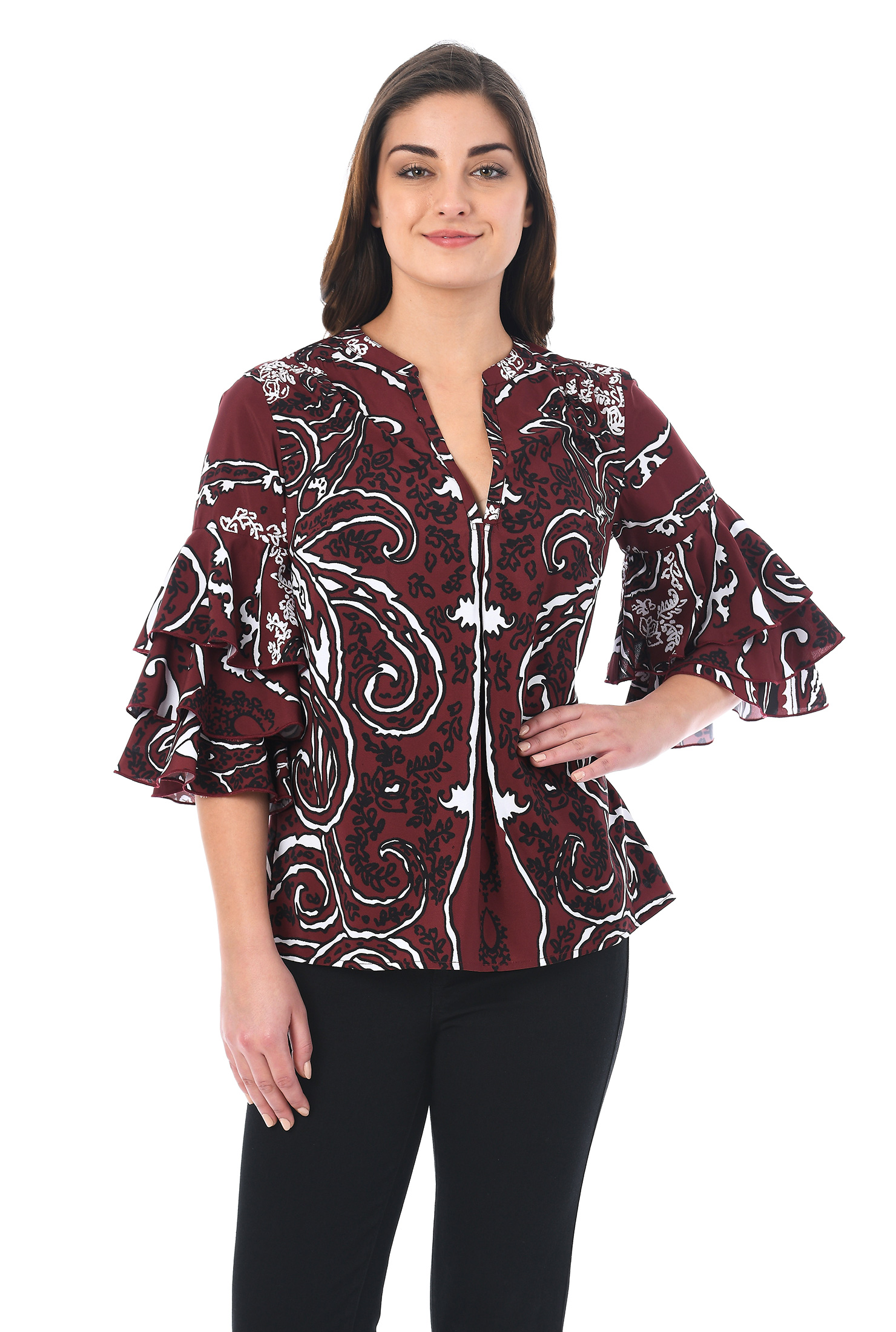 Shop Ruffle sleeve graphic floral print crepe top | eShakti