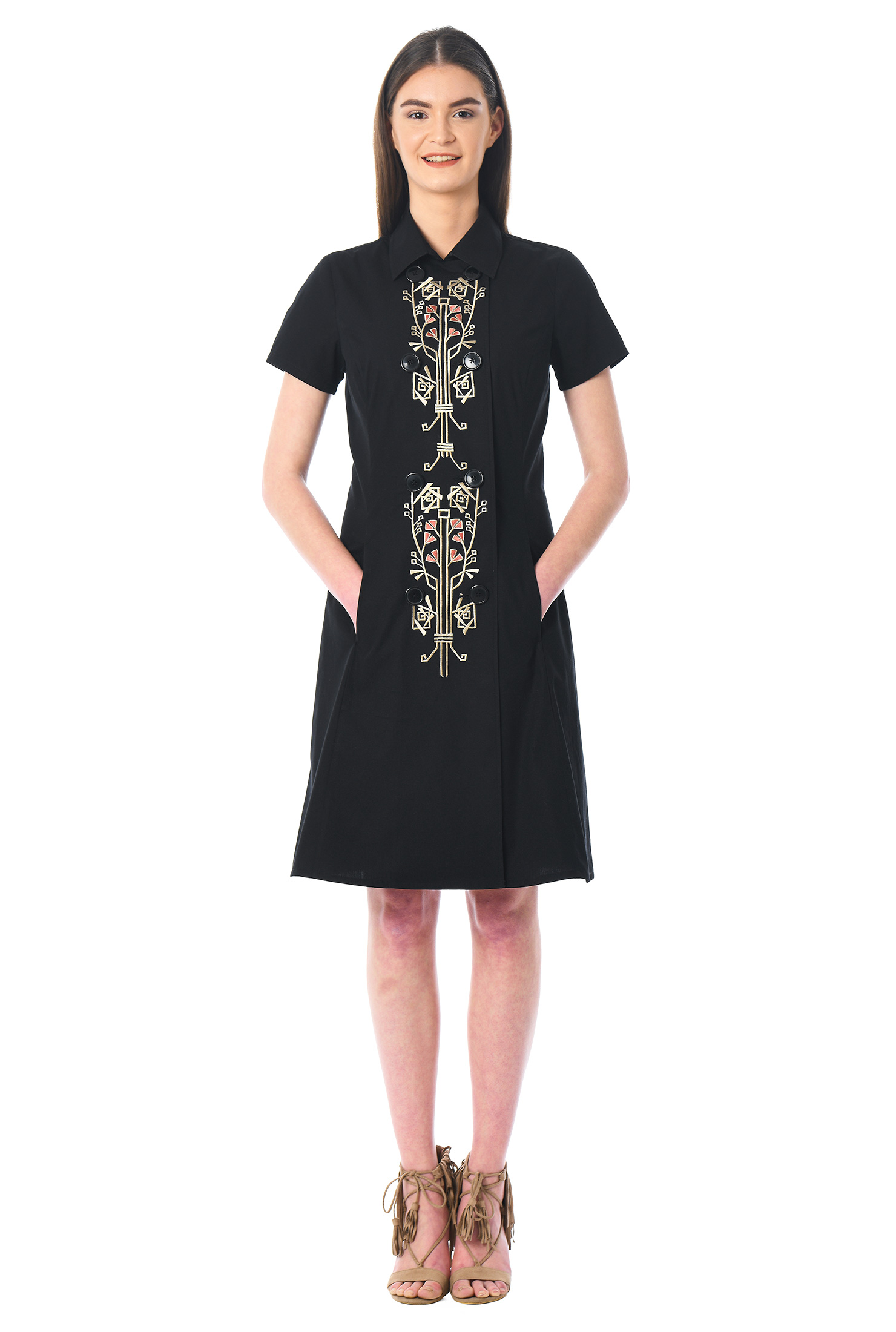 Shop Double breasted embellished cotton poplin shift dress | eShakti