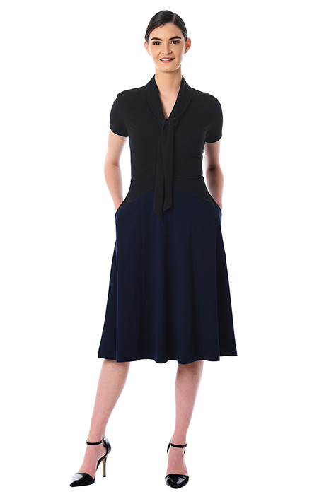 Shop Tie-neck colorblock cotton knit dress | eShakti