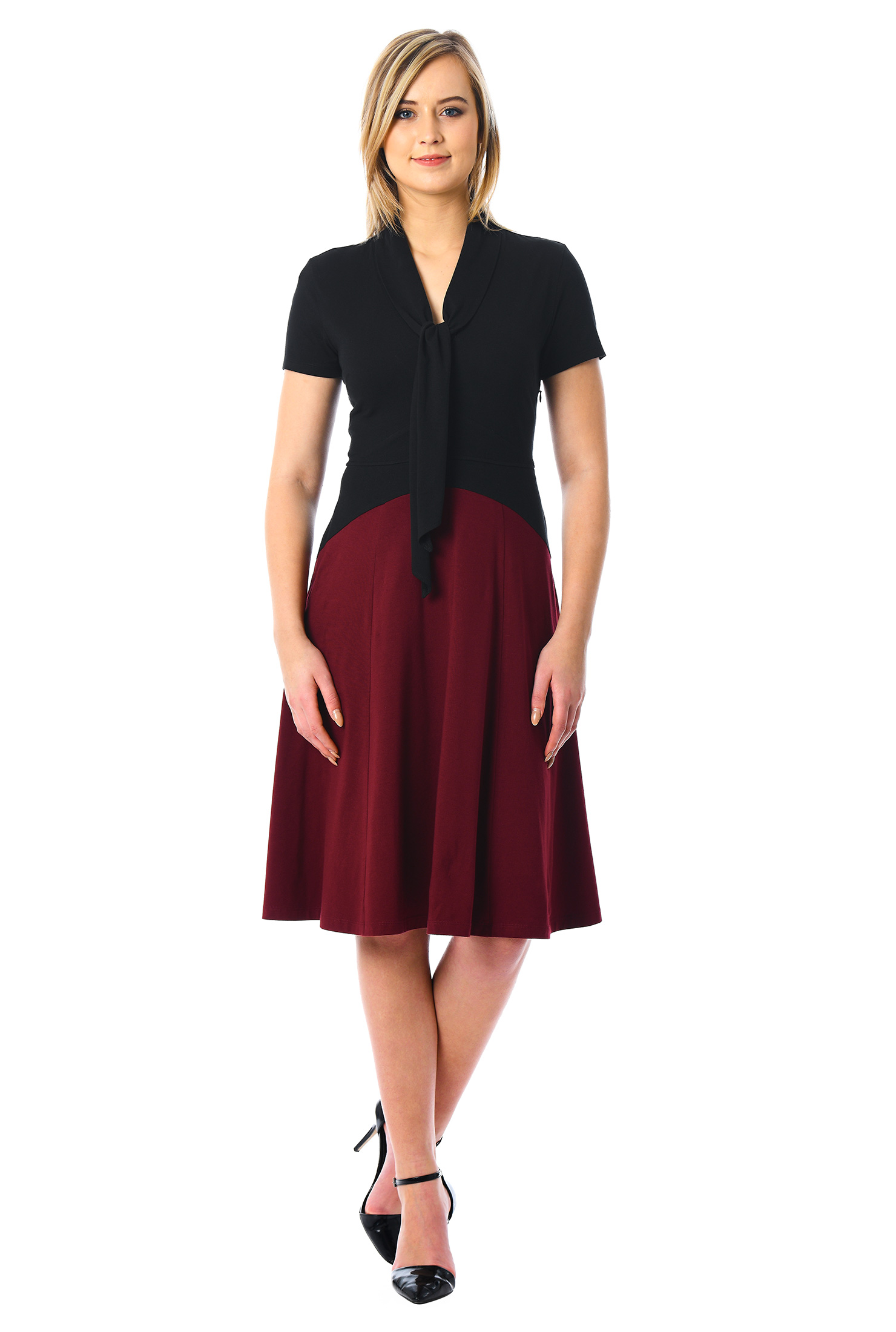 Shop Tie-neck colorblock cotton knit dress | eShakti