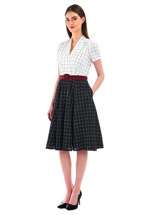 Shop Windowpane cotton check belted dress | eShakti