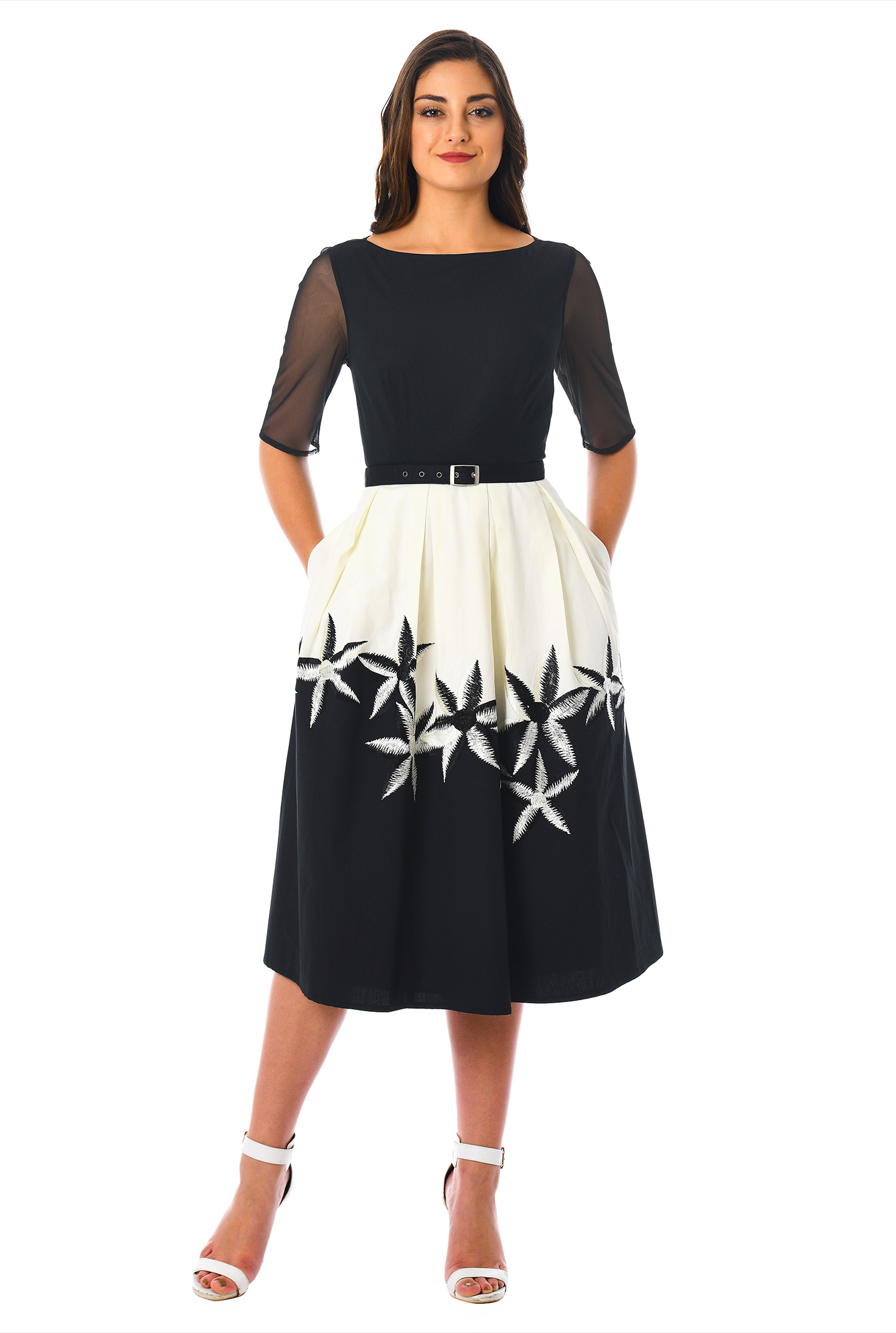 Shop Tulle sleeve floral embellished two-tone poplin dress | eShakti