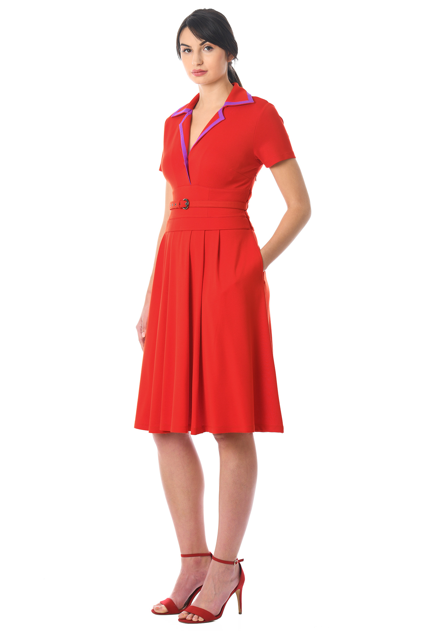 Shop Contrast trim notch collar ponte knit shirtdress | eShakti