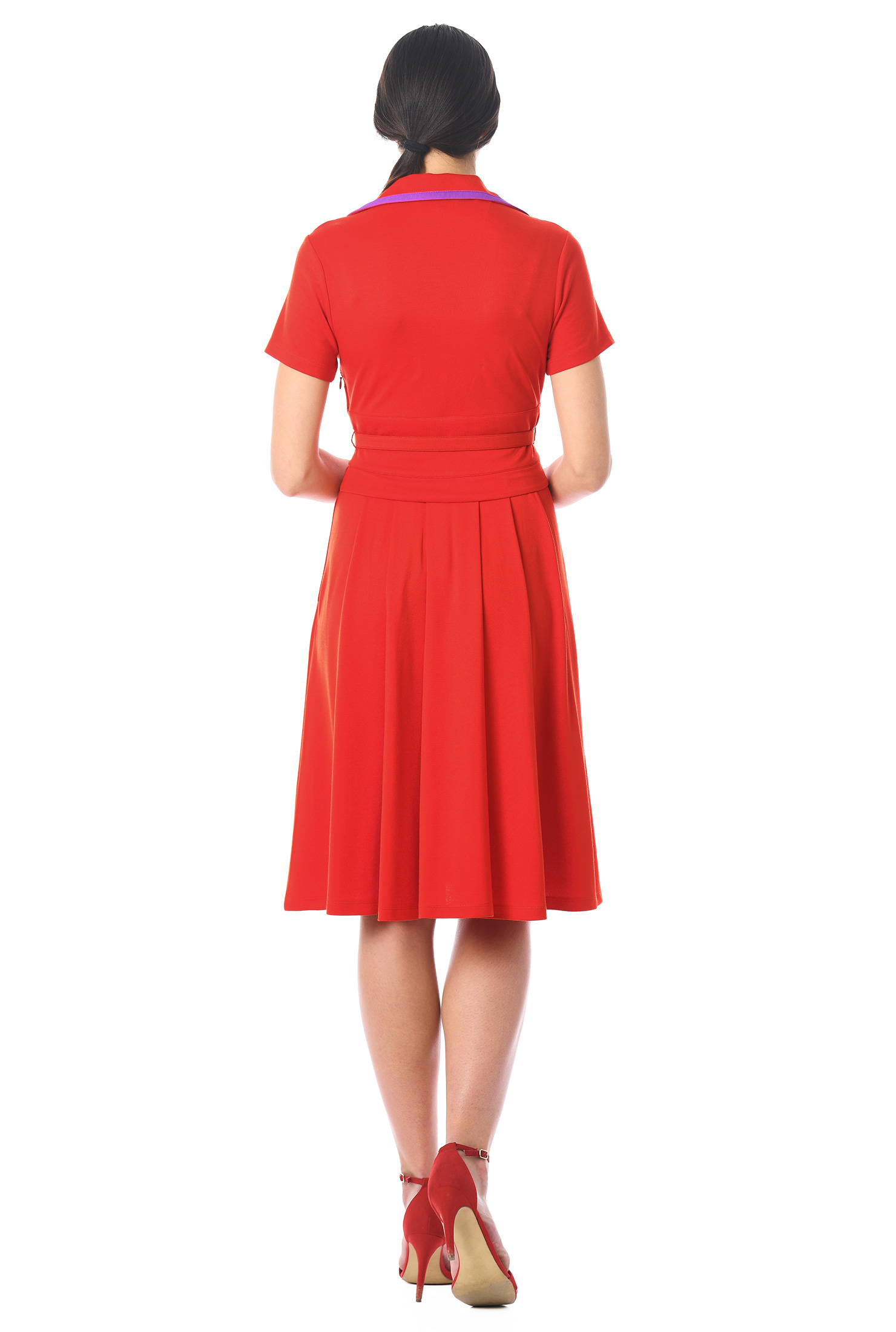 Shop Contrast trim notch collar ponte knit shirtdress | eShakti