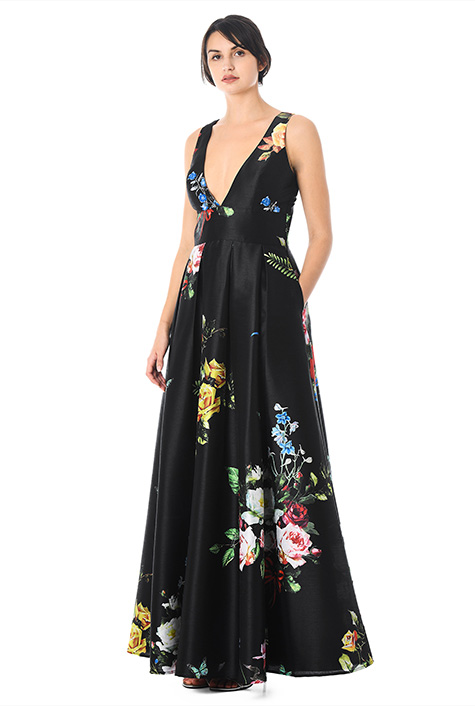 Shop Plunge rose print dupioni dress | eShakti