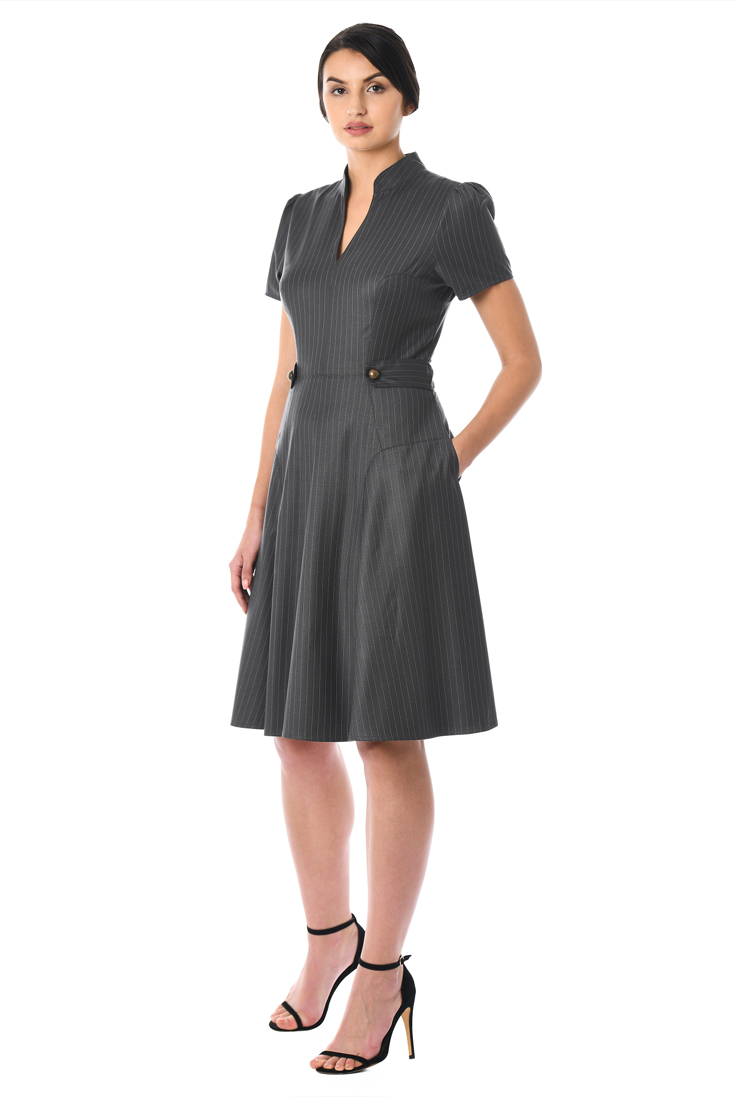 Shop Button tab waist pinstripe dress | eShakti