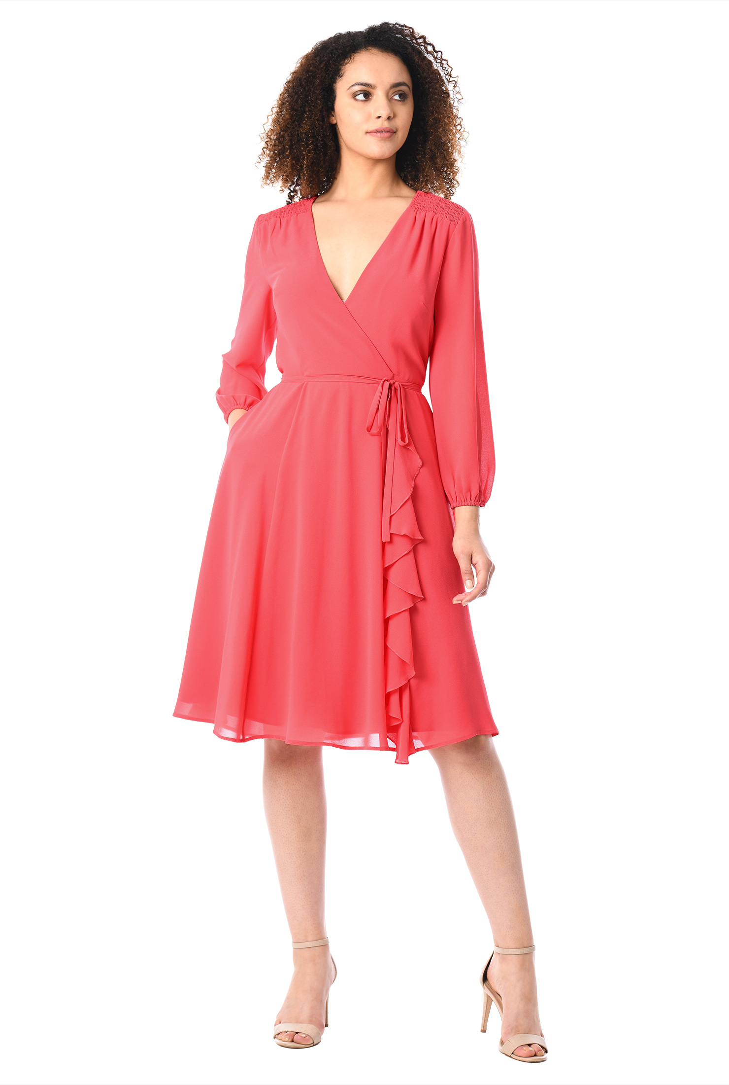 Shop Ruffle chiffon faux-wrap dress | eShakti