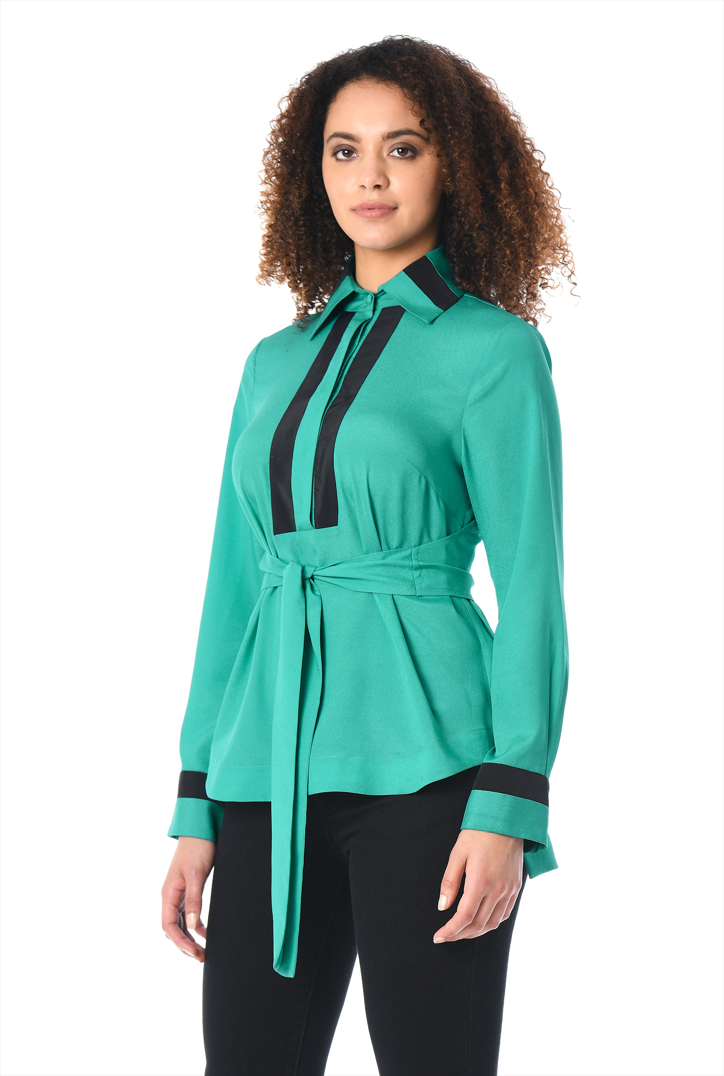 Shop Contrast trim crepe sash tie shirt | eShakti