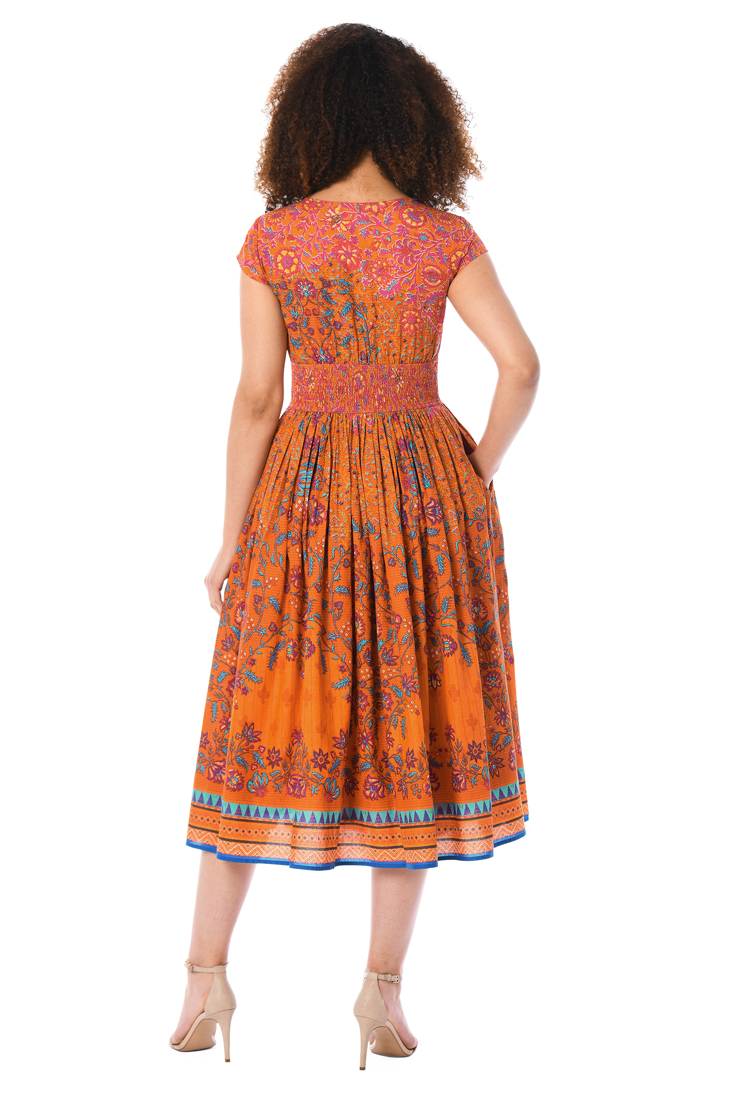 Shop Floral vine print cotton smocked waist dress | eShakti
