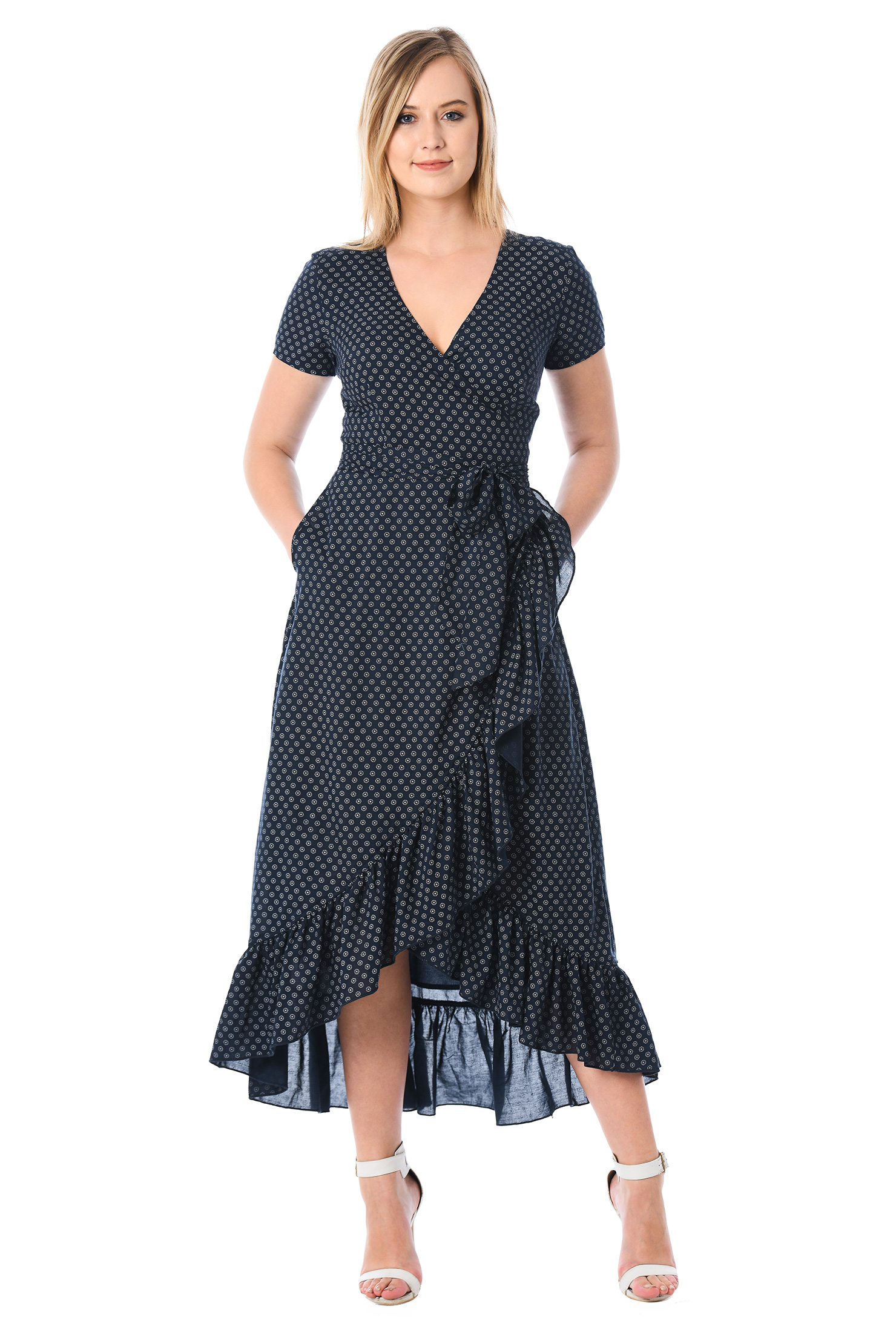 Shop Ruffle floral dot print cotton wrap dress | eShakti
