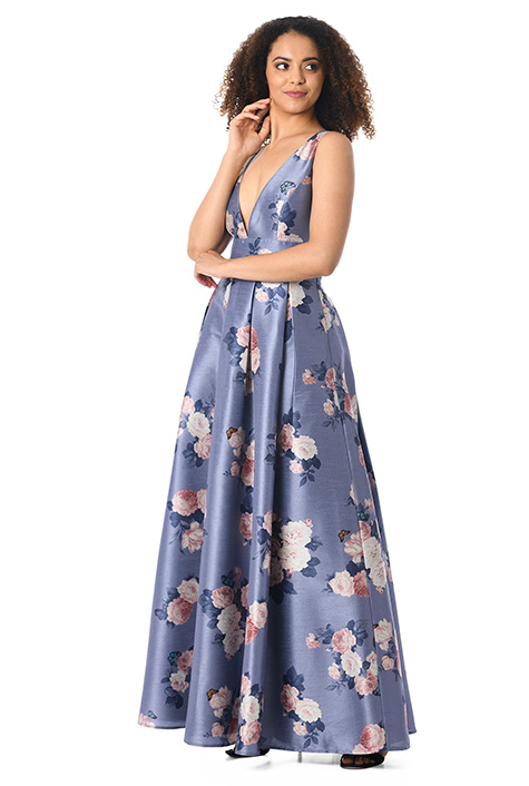 Shop Plunge floral print dupioni dress | eShakti