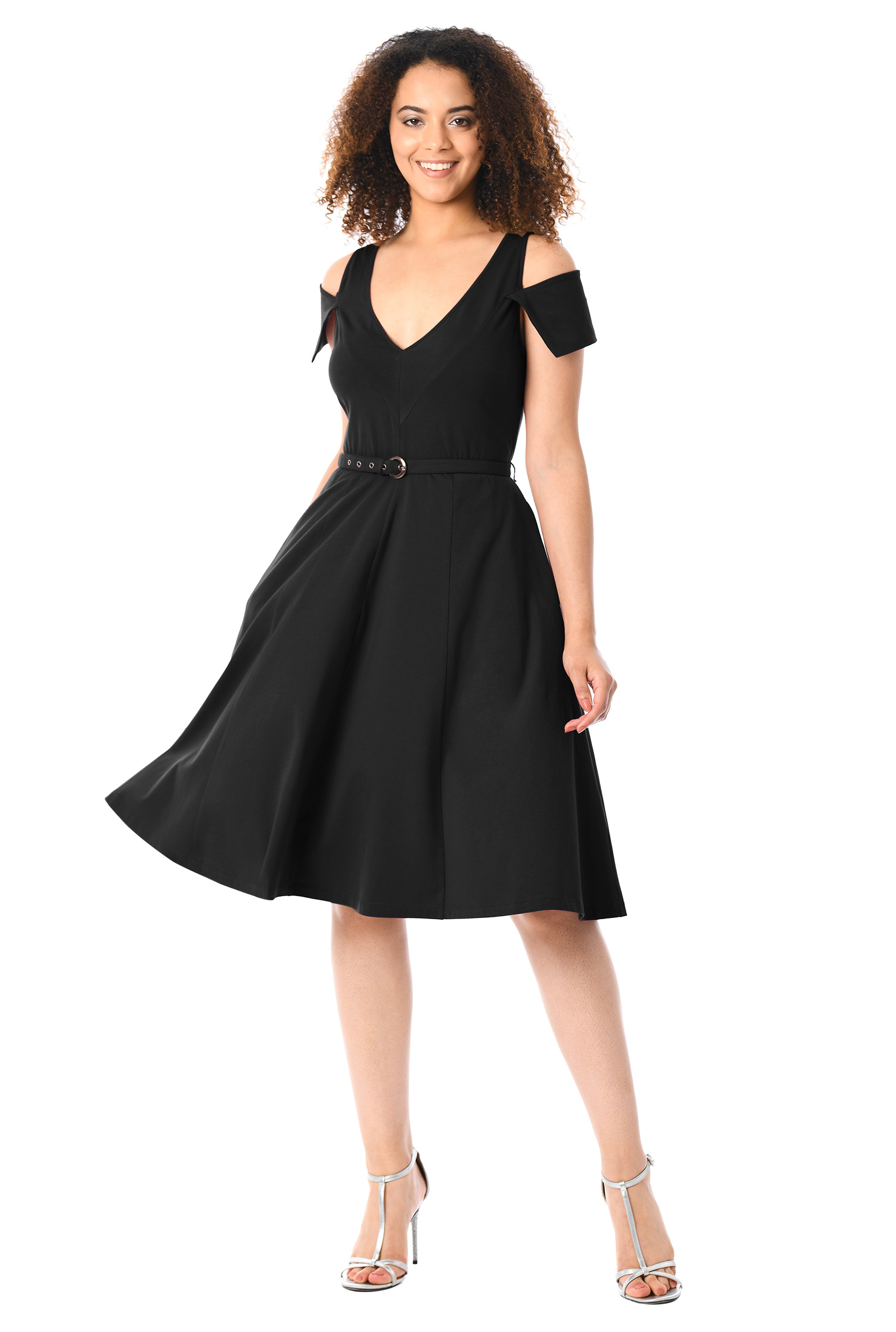 Shop Cold-shoulder cotton knit belted dress | eShakti