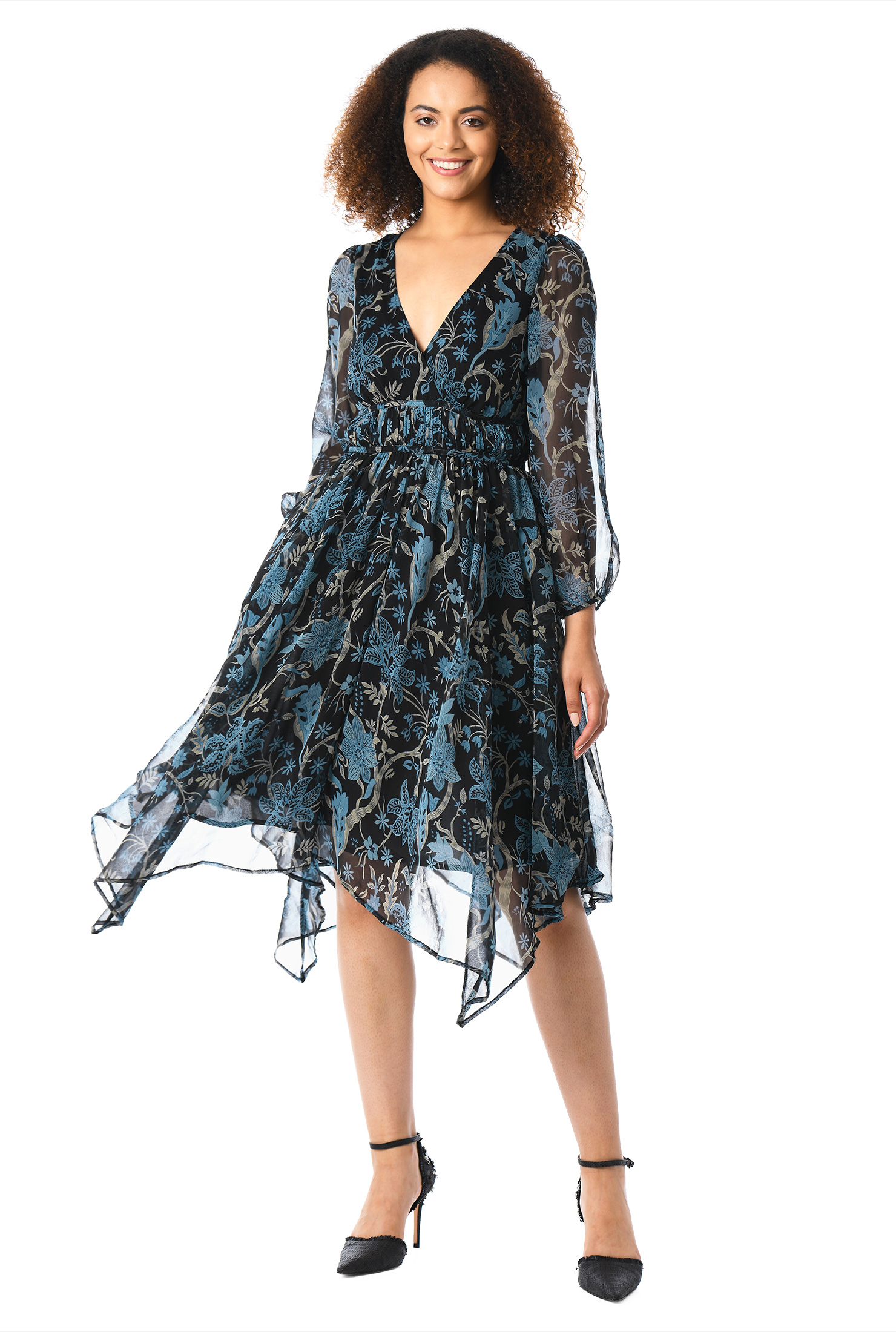 Shop Handkerchief hem floral print silk chiffon dress | eShakti