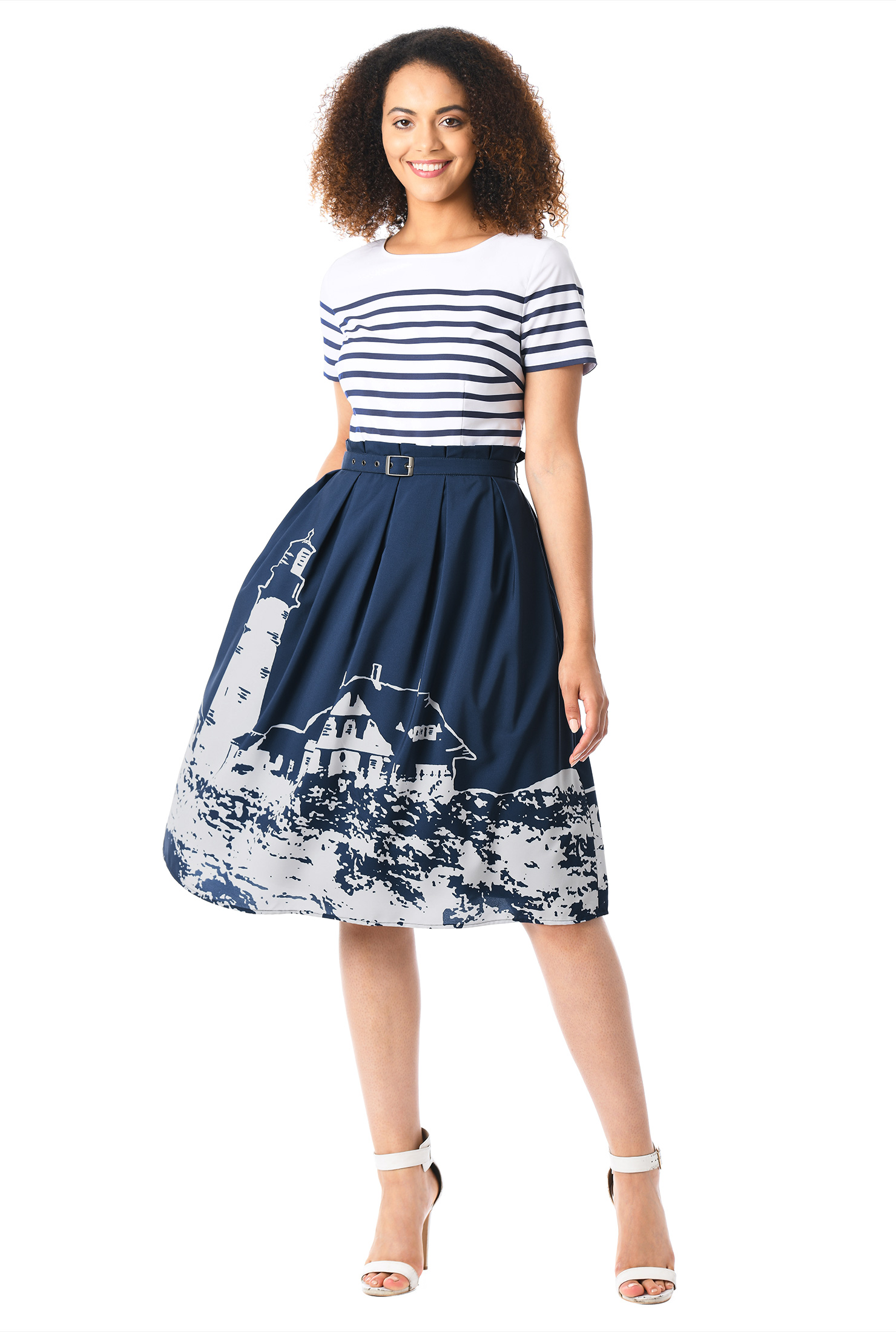 Shop Paperbag waist lighthouse print crepe dress | eShakti