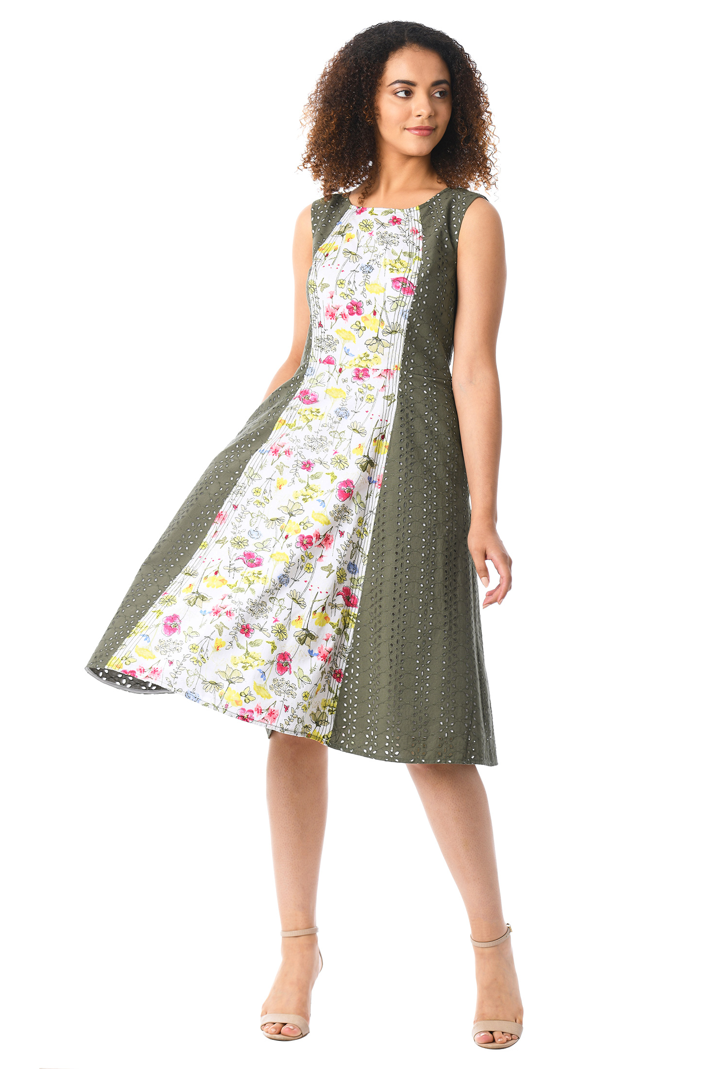Shop Floral print block cotton eyelet dress | eShakti