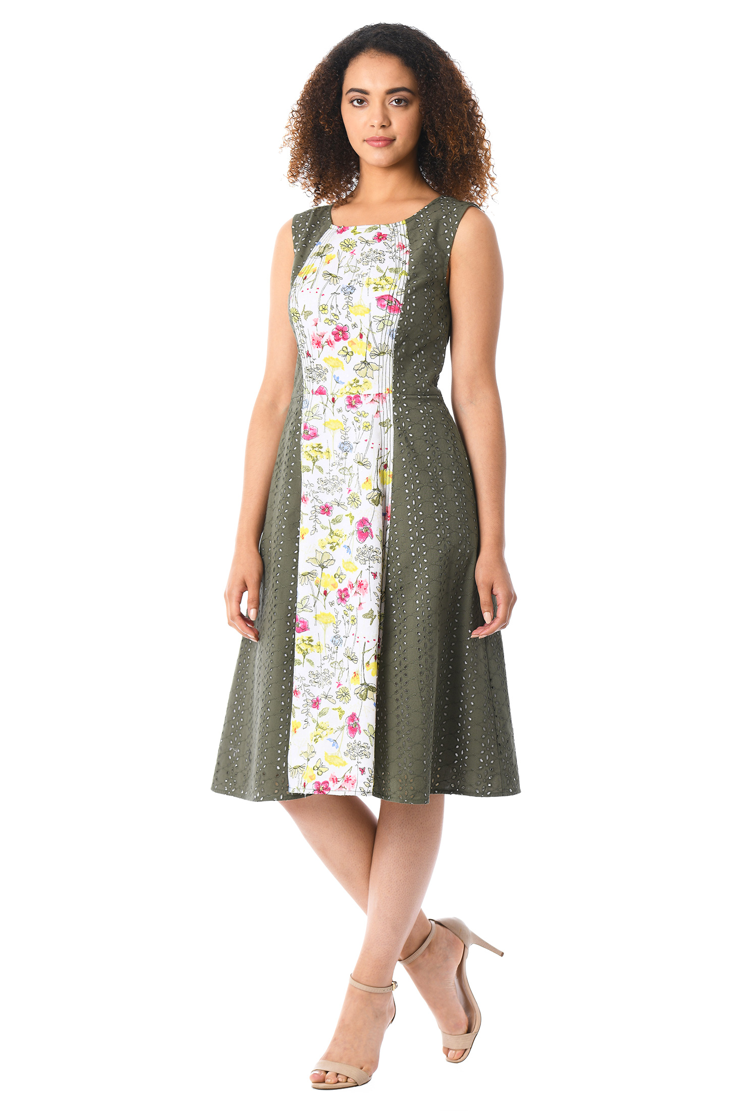 Shop Floral print block cotton eyelet dress | eShakti