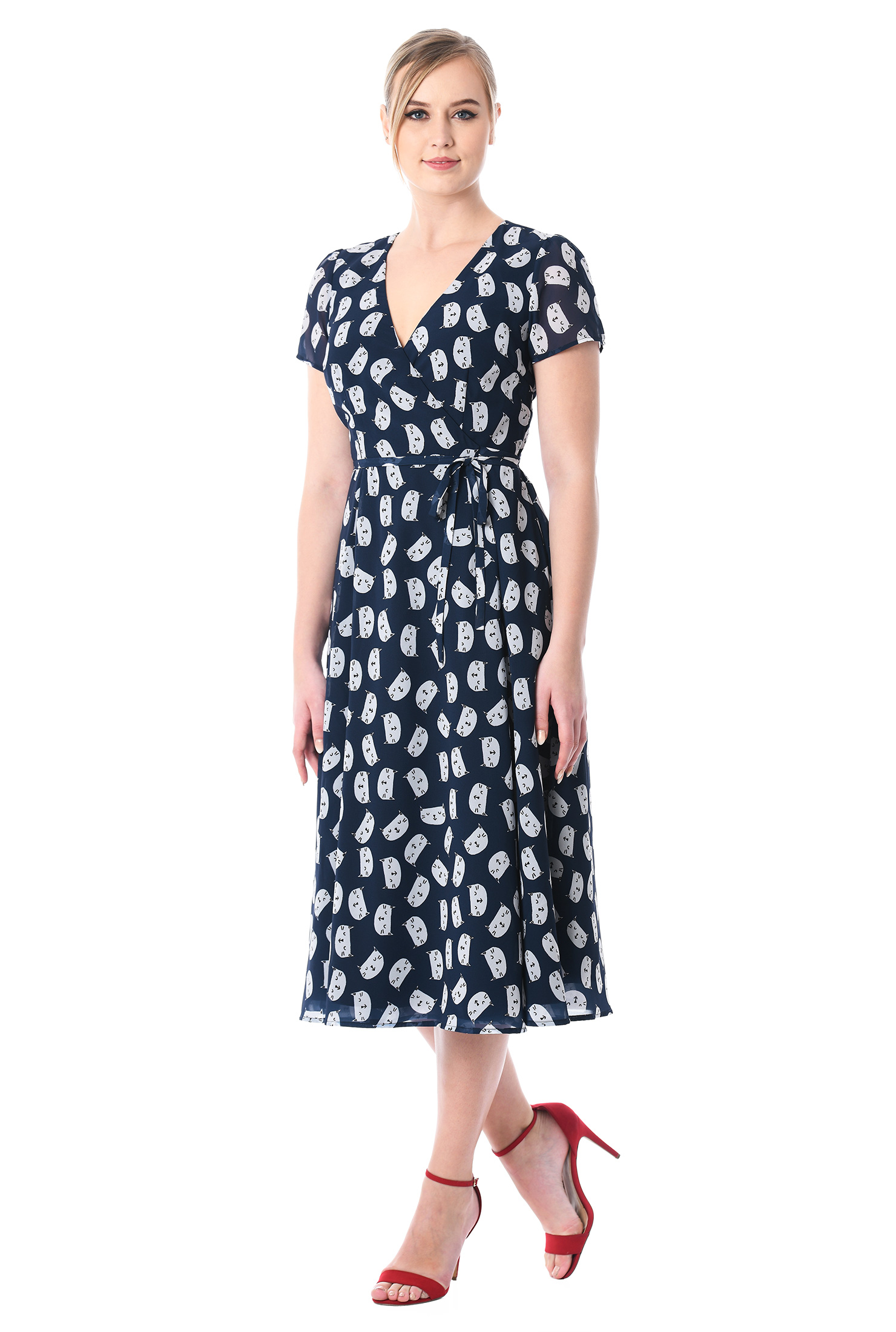 Shop Cat print georgette midi wrap dress | eShakti