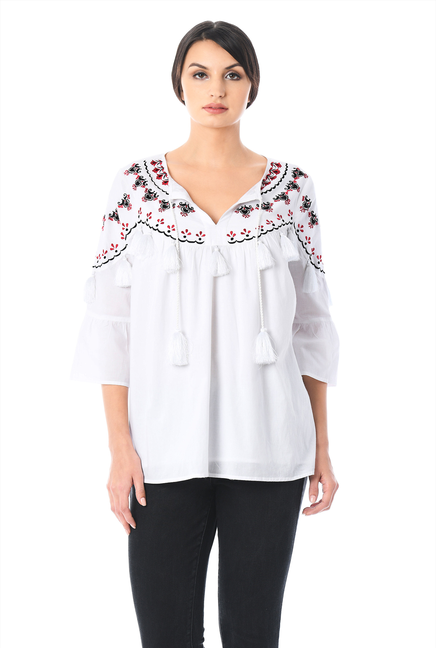 Shop Embellished cotton tassel trim top | eShakti